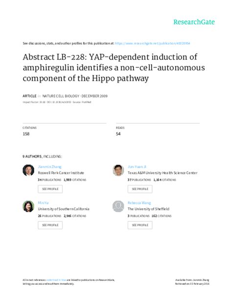 Pdf Yap Dependent Induction Of Amphiregulin Identifies A Non Cell