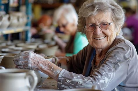 Premium Photo Cheerful Elderly Woman Shaping Clay In A Pottery Class