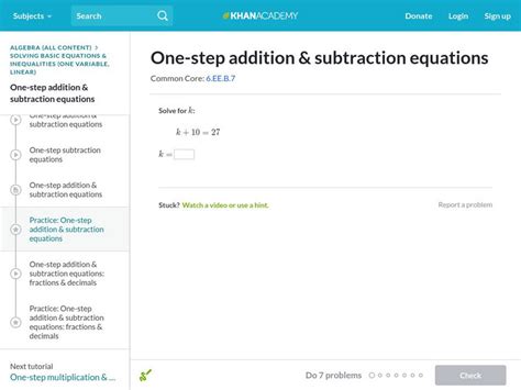 Khan Academy One Step Equations With Addition And Subtraction Unknown Type For 6th 8th Grade