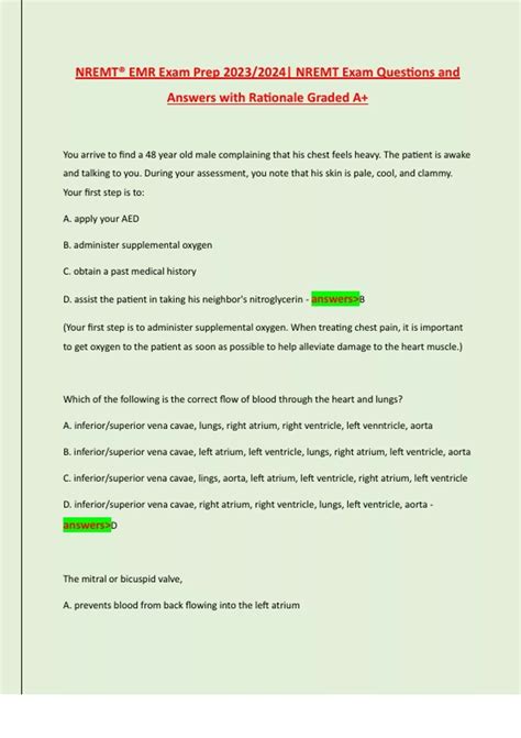 Nremt® Emr Exam Prep 2023 2024 Nremt Exam Questions And Answers With Rationale Graded A