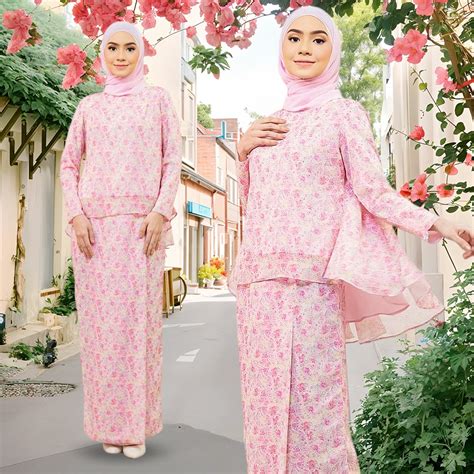 Baju Kebarung Floral Chiffon Baju Kurung Moden Floral Elegant Muslim Set Pleated Kurung Baju