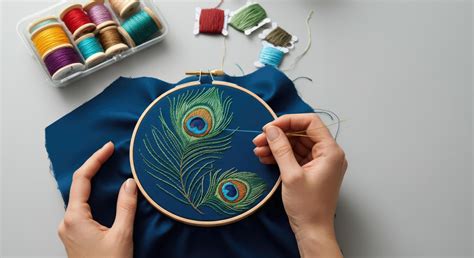 Woman Embroidering Peacock Feathers On Fabric With Colorful Threads