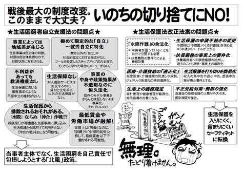 生活保護問題対策全国会議 《いのちの切り捨てを許さない！緊急アクション》より：生活保護法改正法案＆生活困窮者自立支援法案の問題点ペーパー