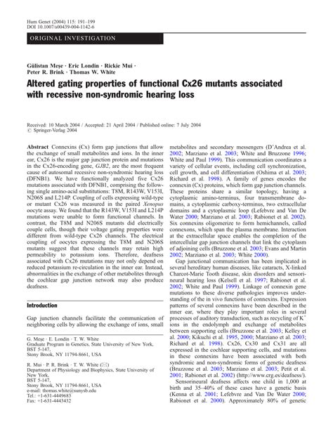Pdf Altered Gating Properties Of Functional Cx26 Mutants Associated With Recessive Non