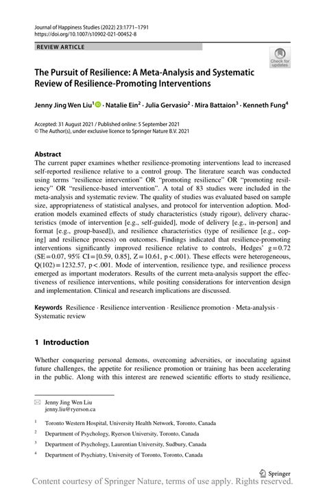 The Pursuit Of Resilience A Meta Analysis And Systematic Review Of Resilience Promoting