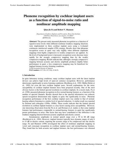 Pdf Phoneme Recognition By Cochlear Implant Users As A Function Of Signal To Noise Ratio And