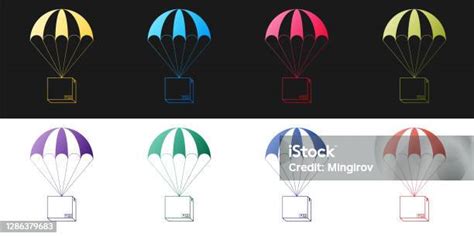 Set Box Volant Sur Licône De Parachute Isolée Sur Le Fond Noir Et Blanc