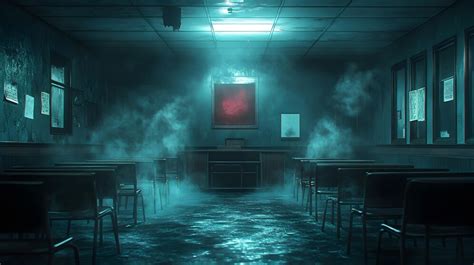 Eerie Haunted Classroom At Night With Flickering Lights And Ghostly