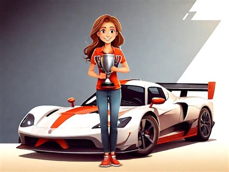 A garota vencedora do vetor segurando o troféu de pé na frente do carro de corrida isolada