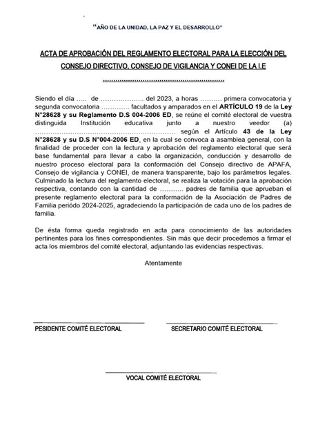Acta De Aprobacion Del Reglamento Electoral Para Eleccion De Apafa Pdf