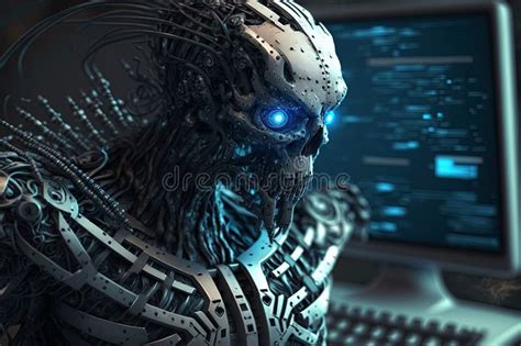 Hacker Robot Hacks Into A Computer With A Database Concept Of