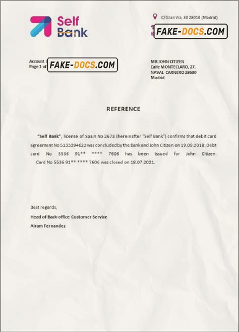 Spain Self Bank Bank Account Closure Reference Letter Template In Word And PDF Format Fake