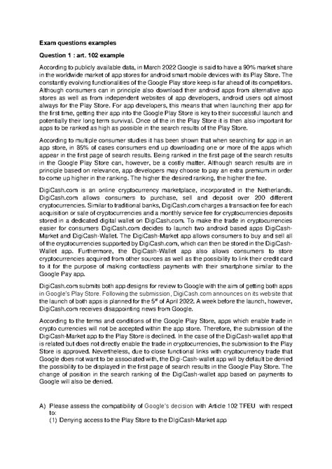 Exam Questions Examples Article 101 And 102 Tfeu Analysis Studeersnel
