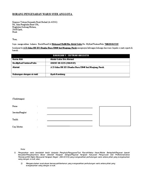 Borang Pengesahan Waris Pdf