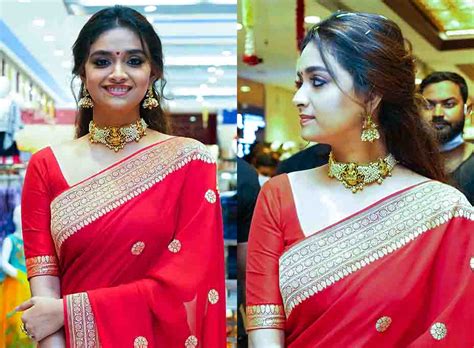 Keerthi Suresh Stunning In Red Saree Filmy