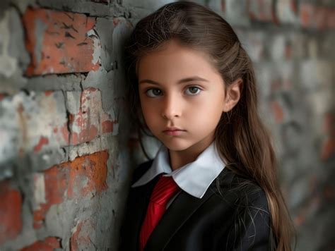 Premium Photo A Young Girl Leaning Against A Brick Wall