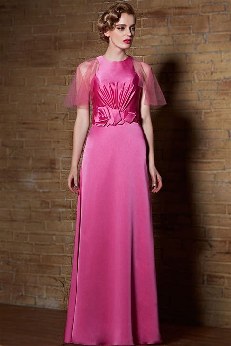 Günstig Elegantes Fuchsie A Linie Satin Bodenlanges Abendkleid mit Ärmeln Online Verkauf