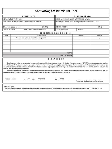 Declaração De Conteúdo Para Envio De Produto Defeituoso Sob Garantia Pdf