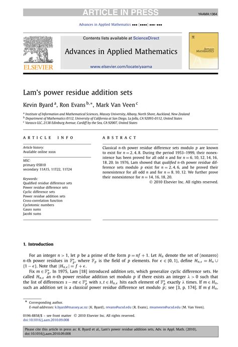 Pdf Lams Power Residue Addition Sets