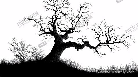 Ai创作图枯树 剪影 黑白 孤树 老树 枝干 草 荒凉 孤寂 萧瑟 自然 轮廓 造型 景观 荒野 昵图网
