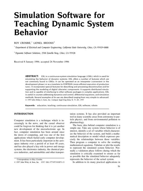 Simulation Software For Teaching Dynamic System Behaviour Pdf