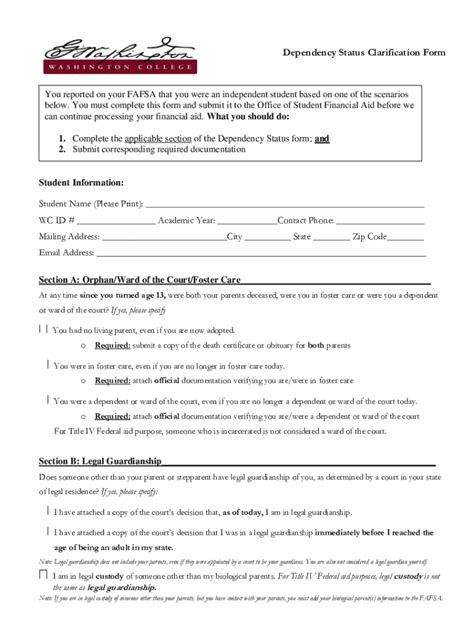 Fillable Online Dependency Status Clarification Form Washington College Fax Email Print