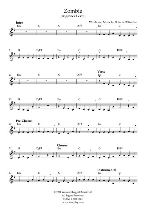 Zombie Beginner Level The Cranberries Clarinet Sheet Music