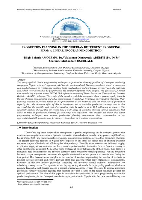 Pdf Production Planning In The Nigerian Detergent Producing Firm A Linear Programming Method