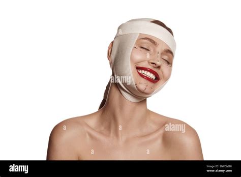 Female Face Bandaged With Medical Bandages Human Emotions Making