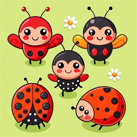 Cinco Mariquitas De Dibujos Animados Con Puntos Negros En Las Alas Y