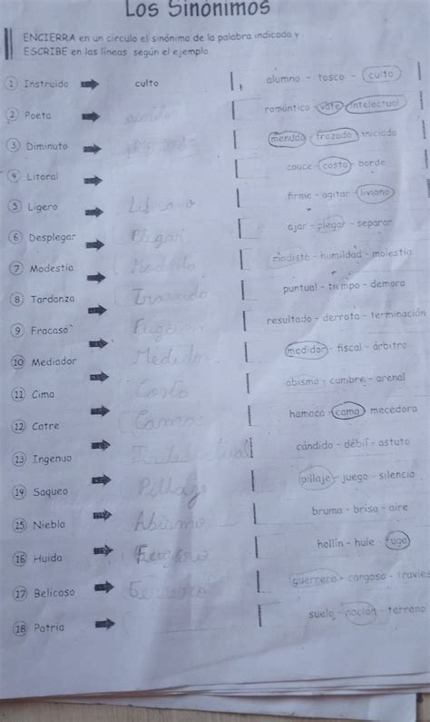 Resuelto Los Sinónimos Encierra En Un Círculo El Sinónimo De La Palabra Indicada Y Escribe En Las L