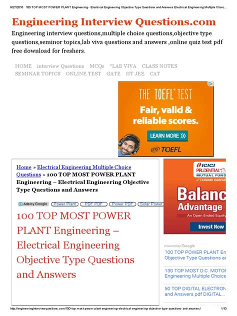 100 Top Most Power Plant Engineering Electrical Engineering Objective