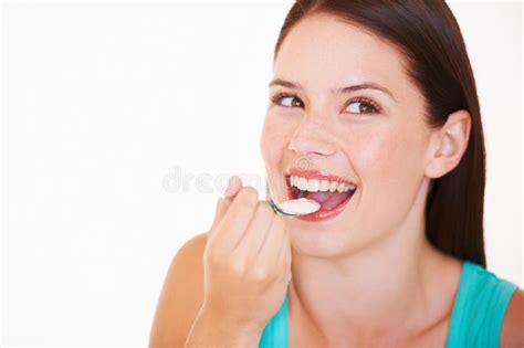 Eating Yogurt And Portrait Of Woman With Healthy Food Diet Or