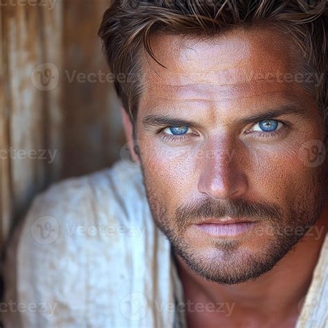 A Man Showcases Captivating Blue Eyes And A Rugged Look Against A