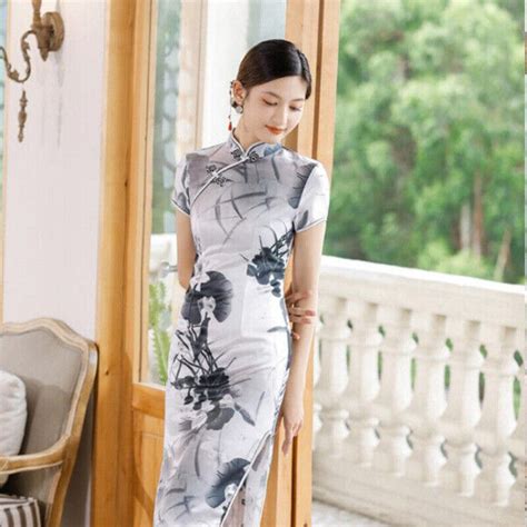 Women Satin Qipao Dress Short Sleeve Chinese Traditional Cheongsam