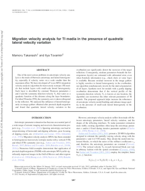 Pdf Migration Velocity Analysis For Ti Media In The Presence Of Quadratic Lateral Velocity