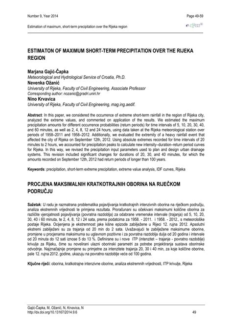 Pdf Estimaton Of Maximum Short Term Precipitation Over The Rijeka Region