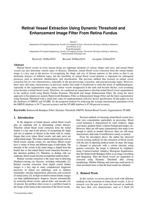 Pdf Retinal Vessel Extraction Using Dynamic Threshold And Enhancement Image Filter From Retina