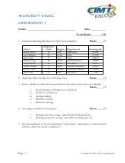 Microsoft Excel Assignment I Pdf MICROSOFT EXCEL ASSIGNMENT I Name Due Total Marks