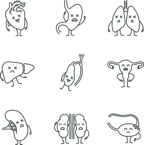 Sad Human Internal Organs Characters Linear Icons Set Stock Vector By
