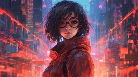 Premium Photo Anime Girl In Red Jacket And Glasses Standing In A City