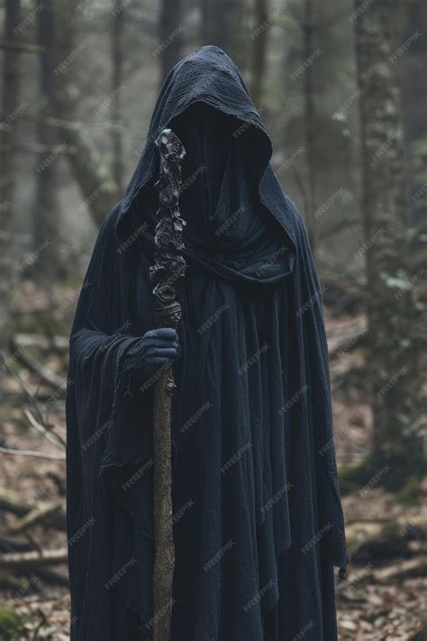 Premium Photo Mysterious Figure In Dark Cloak Wielding Staff In Misty