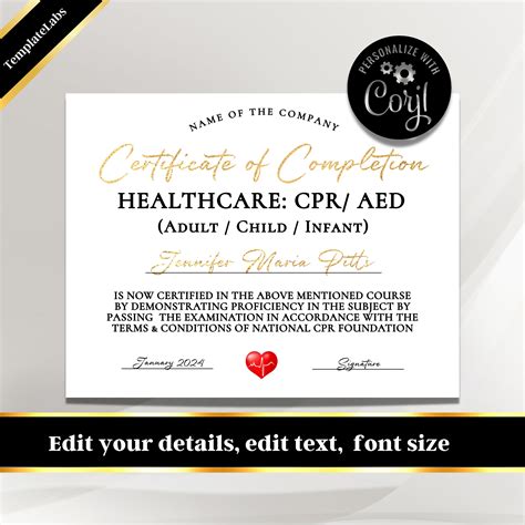 Cpr Certificate Cpr Training Certificate Editable Etsy
