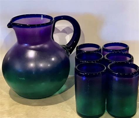 Mexican Blown Glass Cups And Pitcher Blue Rim Blown Glass Mexican