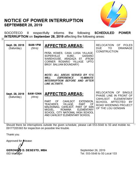 Notice Of Power Interruption September 28 2019 Socoteco 2