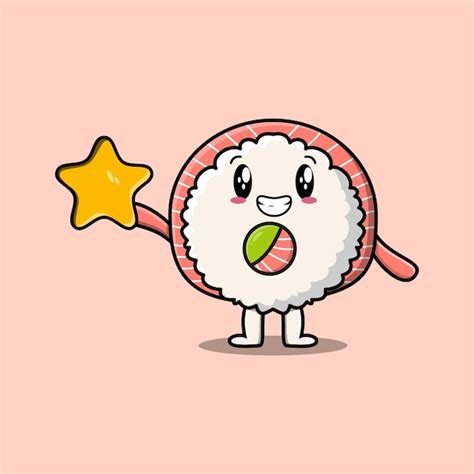 귀여운 현대적인 스타일의 디자인에 큰 황금 별을 들고 있는 귀여운 만화 스시 캐릭터 프리미엄 벡터