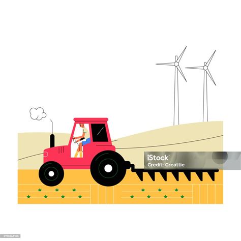풍력 터빈이 있는 밀밭에 있는 빨간 트랙터 에서 농업 농업 및 재생 가능 에너지를 상징하는 평면 벡터 일러스트 레이 션 흰색 배경에 고립되어 있습니다 곡초류에 대한 스톡