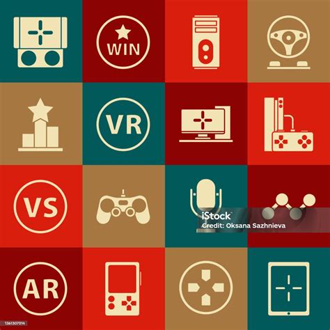 세트 태블릿 공유 조이스틱 컴퓨터 가상 현실 안경 스타 휴대용 비디오 게임 및 모니터 아이콘과 게임 콘솔 벡터 1위에 대한 스톡 벡터 아트 및 기타 이미지 Istock