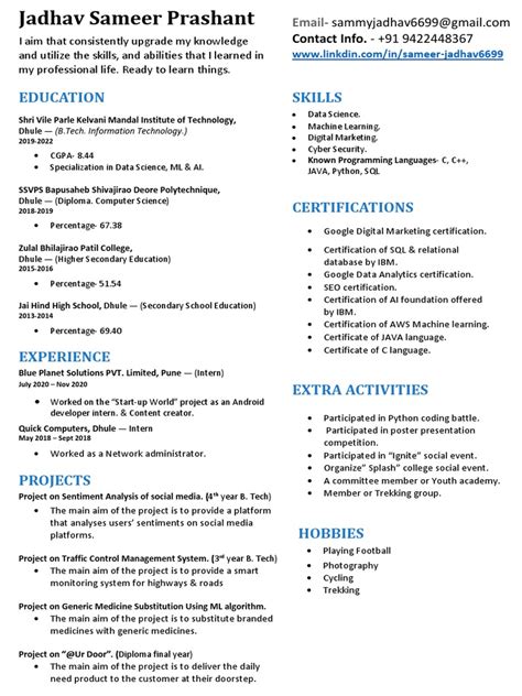 Sameer Jadhav Resume Pdf Artificial Intelligence Intelligence Ai And Semantics