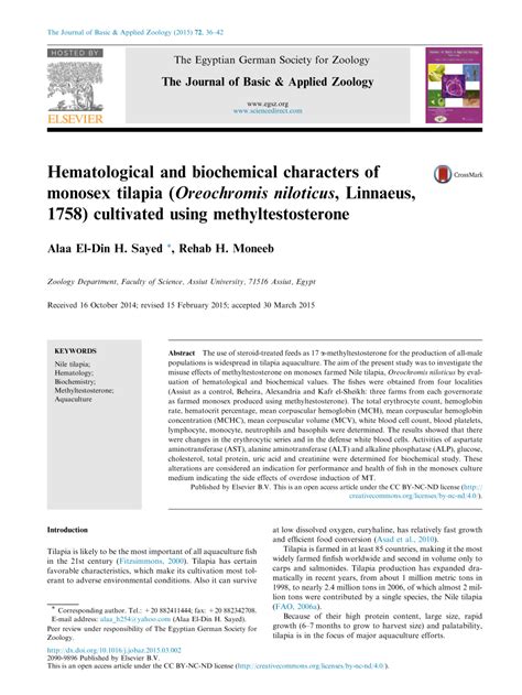 Pdf Hematological And Biochemical Characters Of Monosex Tilapia